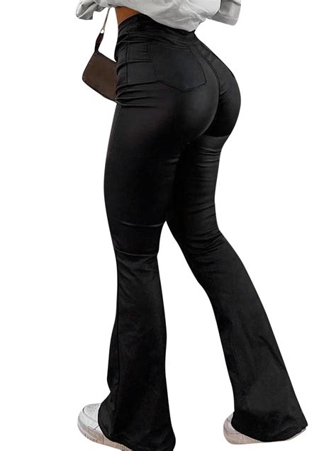 Women Faux Leather Butt Lifting Leggings Flare High