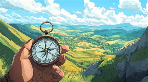 Illustration Of Hand Holding Compass Scenic Landscape Stock Image