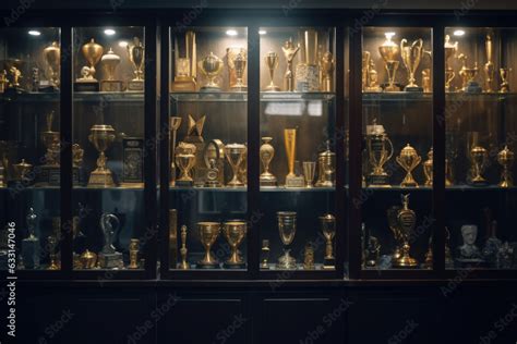 Trophy Display Case Shelf Made Of Glass And Wood Full Of Gold And