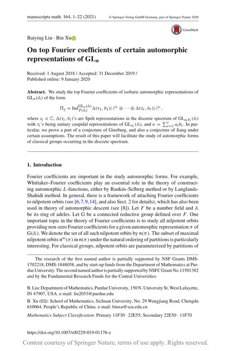 On Top Fourier Coefficients Of Certain Automorphic Representations Of { Mathrm {gl}} N Gln