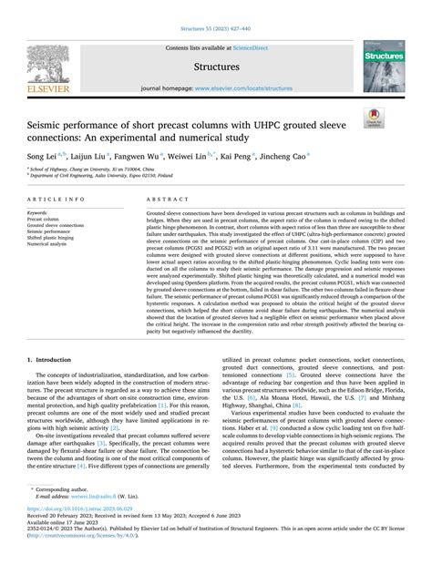 pdf seismic performance of short precast columns with uhpc grouted