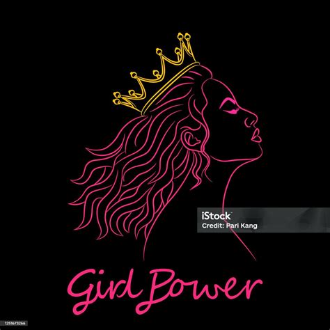 곱슬 머리와 소녀 의 힘이라는 텍스트와 황금 왕관과 아름다운 여자의 핑크 실루엣 0명에 대한 스톡 벡터 아트 및 기타 이미지 0명 관능 깨끗한 Istock