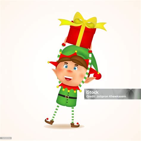 소년 엘프 크리스마스 벡터 문자입니다 아이 엘프 만화 캐릭터 행복 흰색 배경에 엘프의 벡터 그림입니다 격리 겨울에 대한 스톡