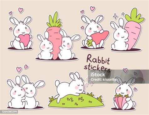 행복한 작은 귀여운 토끼의 스티커 컬렉션 당근 심장 수면 포옹을 들고 사랑스러운 만화 흰색 토끼 세트의 벡터 일러스트 귀여운에 대한 스톡 벡터 아트 및 기타 이미지 Istock