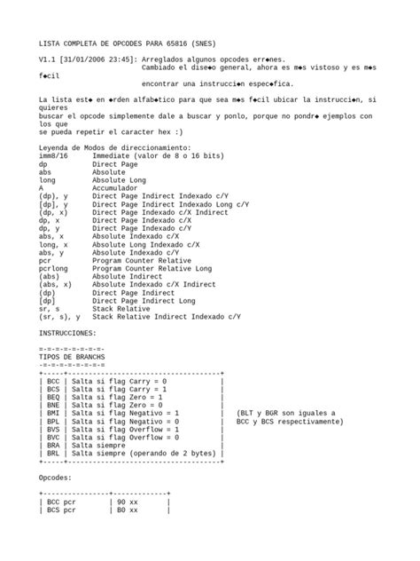 Lista Completa De Opcodes Para 65816 Snes Pdf Aritmética Datos