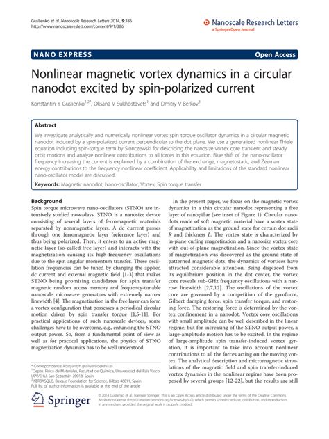 Pdf Nonlinear Magnetic Vortex Dynamics In A Circular Nanodot Excited