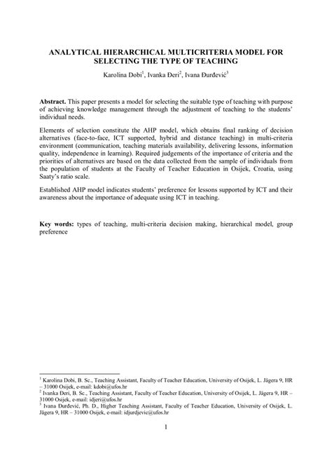 Pdf Analytical Hierarchical Multicriteria Model For Selecting The Type Of Teaching