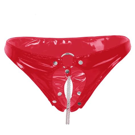 Red Hollow Out Leather Panties For Women Sexy Briefs Underwear Chain