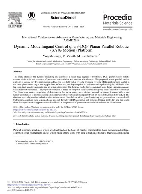 Pdf Dynamic Modelling And Control Of A 3 Dof Planar Parallel Robotic Xytheta Motion Platform
