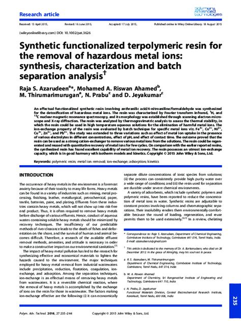 Pdf Synthetic Functionalized Terpolymeric Resin For The Removal Of
