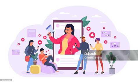 인플루언서 블로거 마케팅 메가폰으로 영향력 블로거 리드 공유 청중 전화 온라인 디지털 콘텐츠 소셜 미디어 게시물 추천 링크 벡터 일러스트 레이 션에서 유명한 소녀 소셜