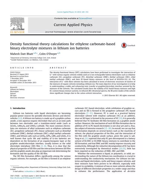 Pdf Density Functional Theory Calculations For Ethylene Carbonate
