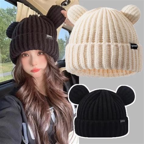 Couple Handmade Beanie Cute Bear Ears Loose Knit Wool Beanie Hat