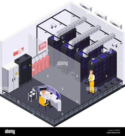 Data Center Isometric Composition With View Of Server Room With Workers