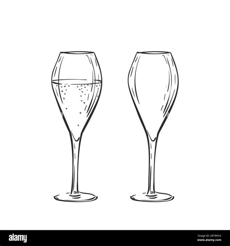 Empty And Full Tulip Champagne Glass Vector Drawing Isolated Hand