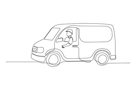 Continuous Line Art Drawing Of Delivery Car Delivery Man Continuous