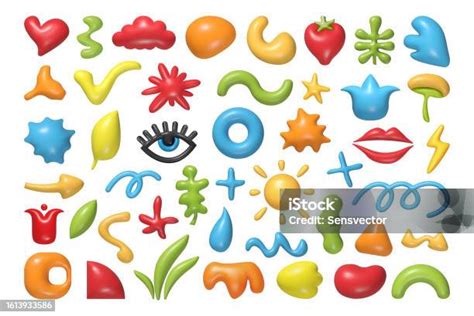 추상적인 모양 만화 요소를 3d 스타일로 만듭니다 벡터 꽃과 구름 과일과 화려한 모양 태양과 유리 입술과 버섯 천둥과 볼트 여러 가지 빛깔의 트렌디한 물건 3차원 형태에