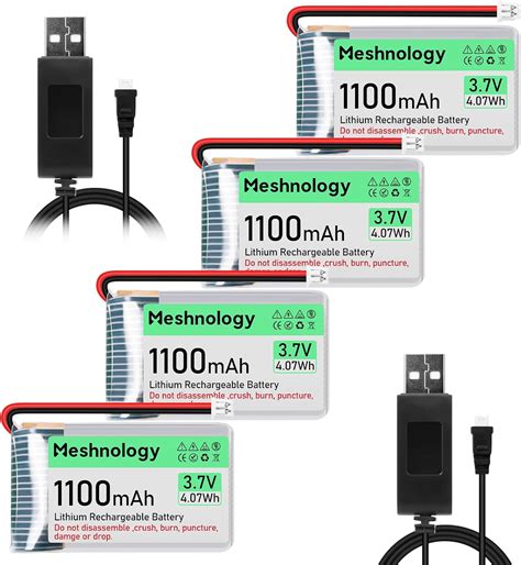 Meshnology 4pcs 3 7v 1100mah Li Battery With Usb Charger Cable 102540 1s Lipo
