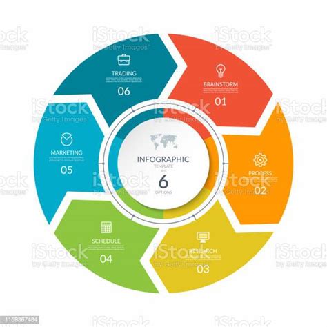 인포그래픽 프로세스 차트 6 단계 옵션 부품 사이클 다이어그램 보고서 비즈니스 분석 데이터 시각화 및 프레젠테이션에 사용할 수 있습니다 6에 대한 스톡 벡터 아트 및 기타