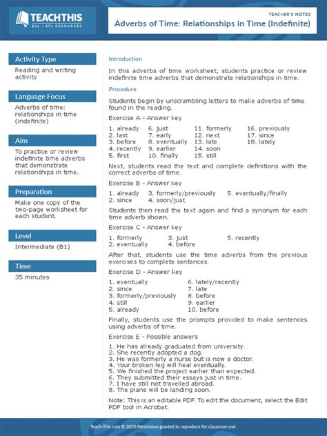 Indefinite Time Adverbs Worksheet Pdf