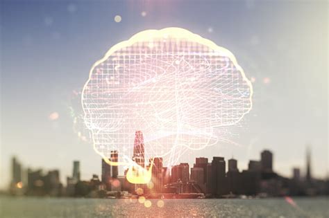 샌프란시스코 사무실 건물 배경에 창조적 인 인간의 뇌 마이크로 회로 홀로그램의 이중 노출 미래 기술 및 Ai 개념 0명에 대한