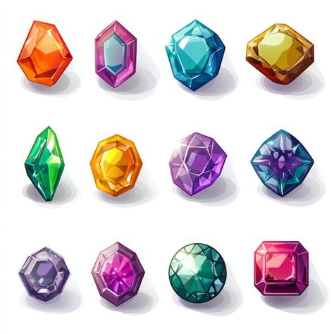 A Set Of Twelve Colorful Cartoon Gems Isolated On A White Background