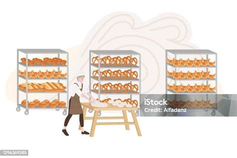 베이커리 제조업체 남성 요리사 요리사 베이킹 트레이와 빵 트레이 전문 베이커리 만화 캐릭터 디자인 평면 벡터 일러스트와 흰색 배경 만화에 대한 스톡 벡터 아트 및 기타