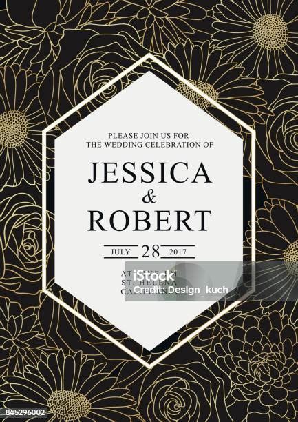 로맨틱 꽃으로 날짜 결혼식 축 하 초대 카드 서식 파일을 저장 합니다 벡터 일러스트입니다 블랙 골드 라인 일러스트 결혼 의식에 대한 스톡 벡터 아트 및 기타 이미지 Istock