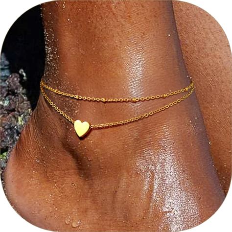 Prostee Heart Gold Plated Ankle Bracelets For Women Double Layered
