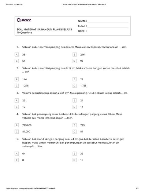 Soal Matematika Bangun Ruang Kelas 5 Pdf