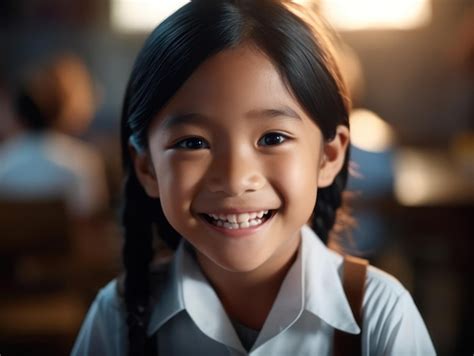 Educación De Niñas Asiáticas Feliz Hermosa Niña Asiática Está Sonriendo