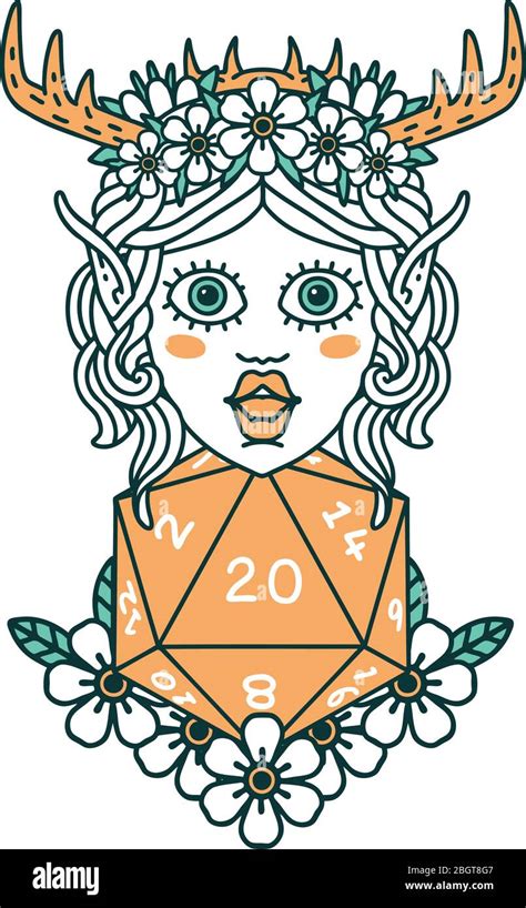 Retro Tattoo Style Elf Druid Character With Nautral Twenty Dice Roll Stock Vector Image And Art