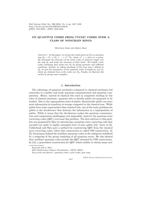 Pdf On Quantum Codes From Cyclic Codes Over A Class Of Nonchain Rings