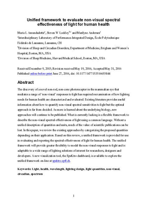 Pdf Unified Framework To Evaluate Non Visual Spectral Effectiveness Of Light For Human Health