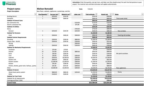 Home Renovation Spreadsheet Template