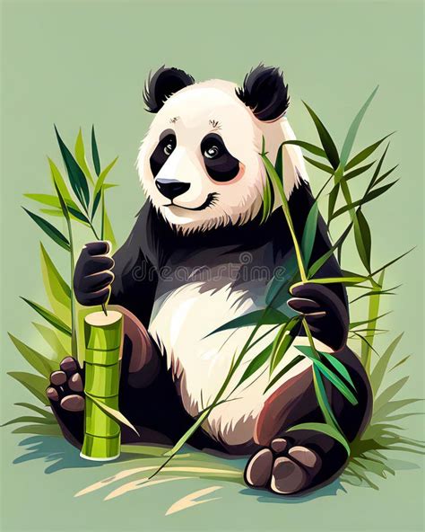 на поле бамбука сидит мультипликационный медведь панда Стоковое Фото изображение насчитывающей
