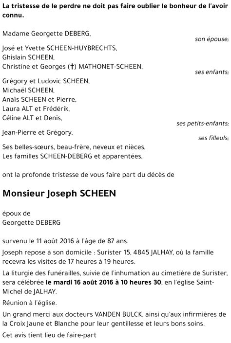 Avis De Décès De Joseph Scheen Décédé Le 11 08 2016 à Jalhay Annonce Condoléances Fleurs