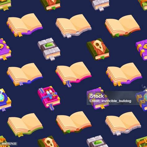 마법의 책 경이로움과 신비의 주문을 캐스팅 만화 벡터 일러스트레이션을 특징으로 하는 매혹적인 매끄러운 패턴 가리기에 대한 스톡 벡터 아트 및 기타 이미지 Istock