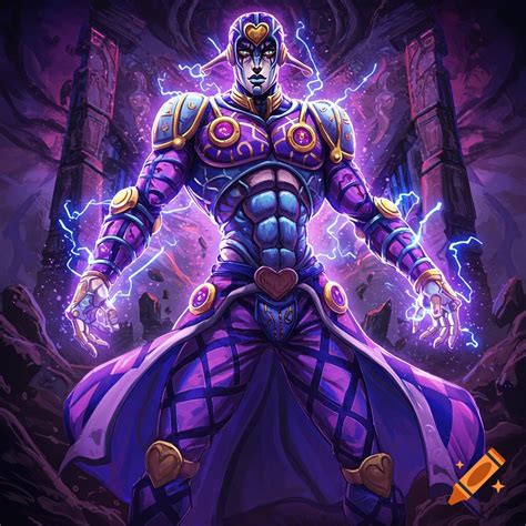 A Muscular Stylized Character In Purple And Gold Armor With Glowing
