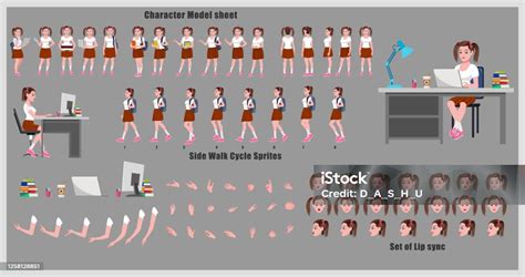 아름다운 소녀 학생 캐릭터 디자인 모델 시트 워크 사이클 애니메이션 소녀 캐릭터 디자인 및 턴어라운드 벡터 Lip