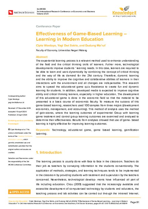 pdf effectiveness of game based learning learning in modern