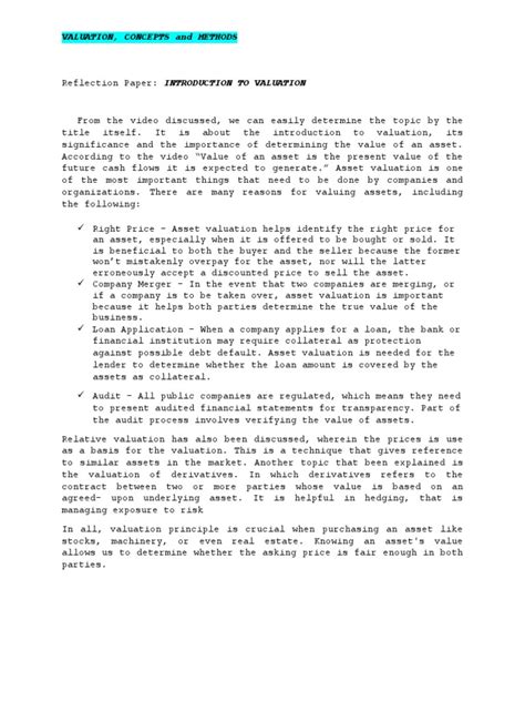 Reflection Paper Valuation Final Download Free Pdf Valuation