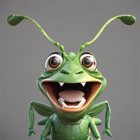 Cheerful Green Cartoon Grasshopper With Big Eyes And A Wide Smile On A