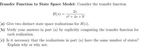 Solved Transfer Function To State Space Model Consider The
