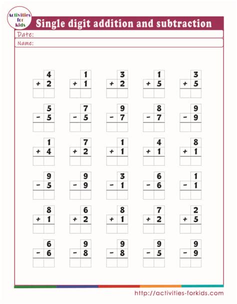 Single Digit Addition And Subtraction Worksheets With Pictures