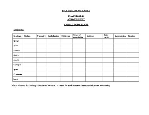 Prac 3 Marine Invertebrates Answersheet Bioc201 Biol102 Life On