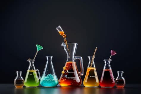 실험실 과학 연구 장비 기구 화학 실험실 비커 플라스크 기구 프리미엄 사진