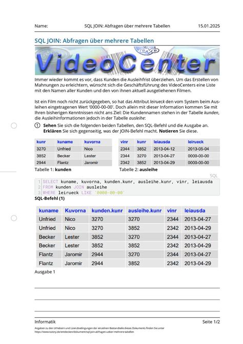 Arbeitsblatt Sql Join Abfragen über Mehrere Tabellen Informatik