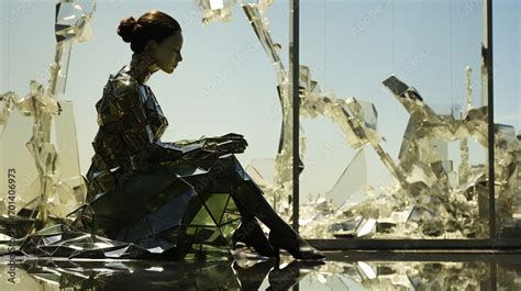 Broken Reflection Mirror Reflecting A Woman Sitting Shattered To
