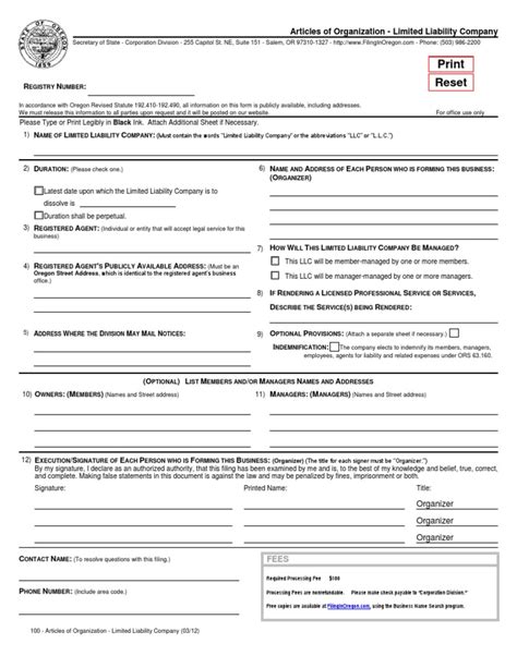 Oregon Llc Articles Of Organization Pdf